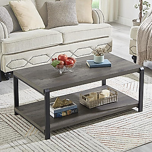 EXCEFUR Coffee Table with Storage Shelf,Rustic Wood and Metal Cocktail Table for Living Room,Grey