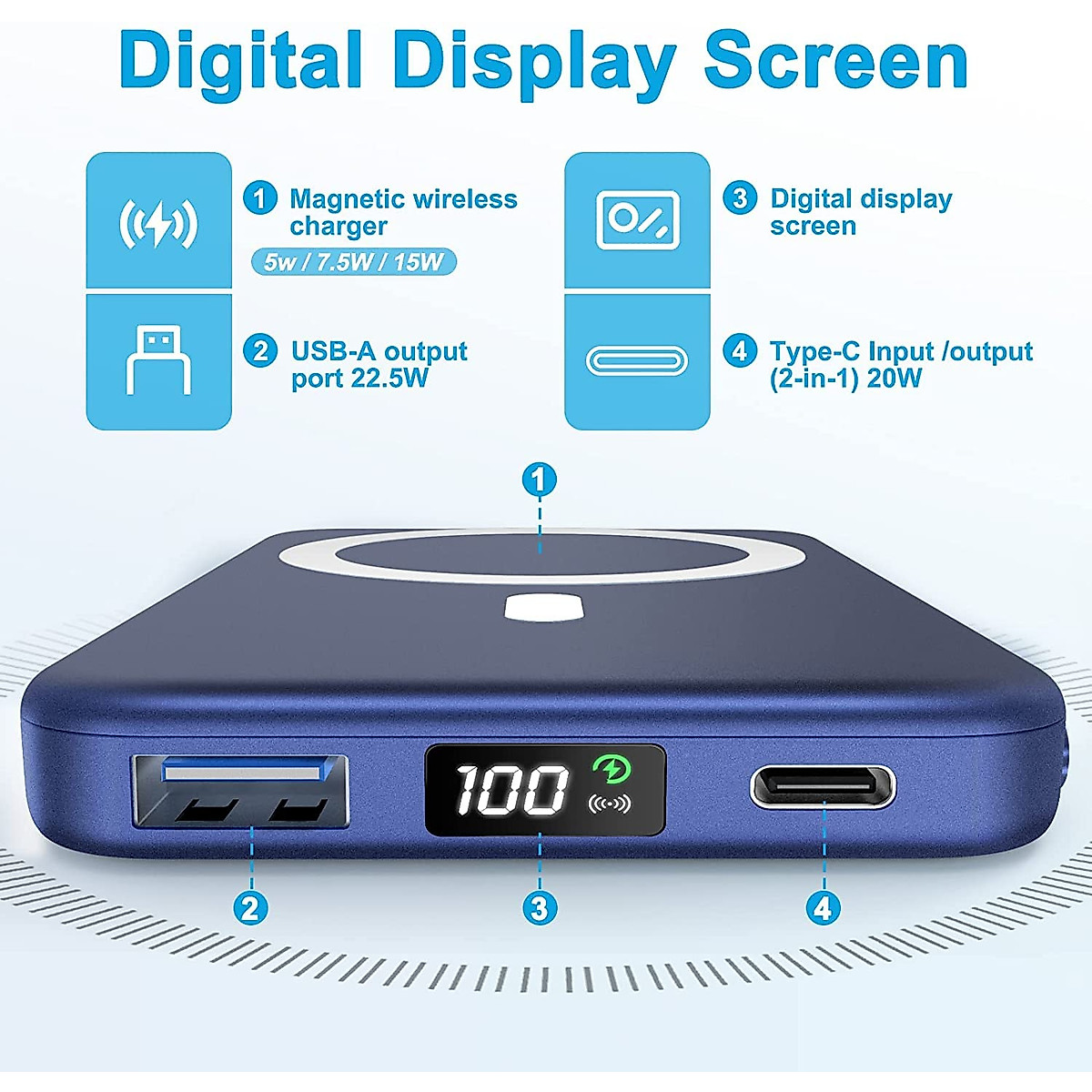 AOGUERBE Magnetic Wireless Portable Charger, 10000mAh Wireless Power Bank PD 22.5W Fast Charging with USB-C LED Display Mag-Safe Battery Pack Compatible for iPhone 15/14/13/12 Pro/Mini/Pro Max（Blue）