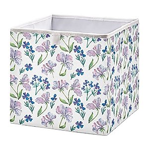Kigai Purple Flowers Cube Storage Bin, 11x11x11 in Collapsible Fabric Storage Cubes Organizer Portable Storage Baskets for Shelves, Closets, Laundry, Nursery, Home Decor