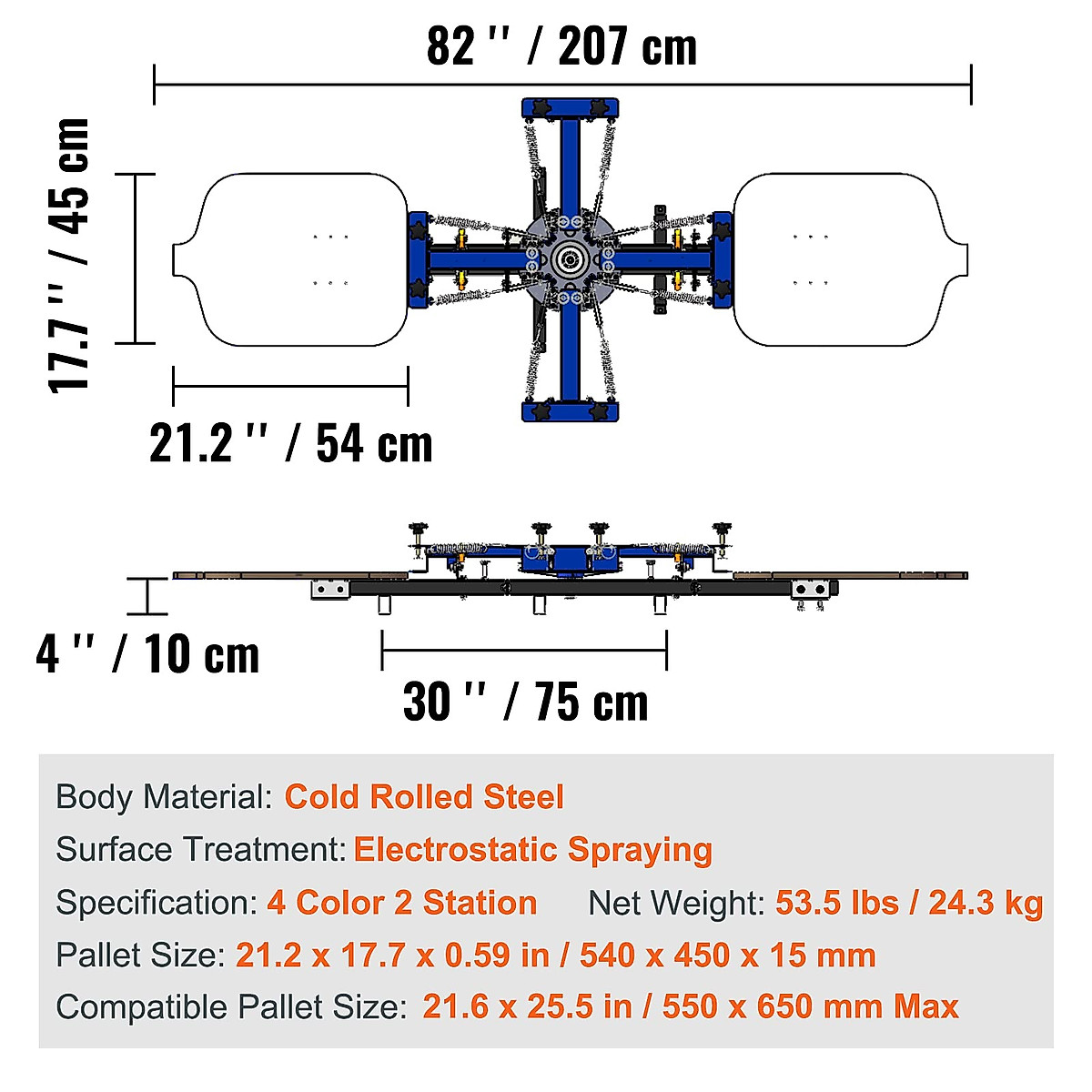 VEVOR 4 Color 2 Station Screen Printing Machine 21.2x17.7in / 54x45cm Double-Layer Positioning Pallet for T-Shirt DIY, Blue