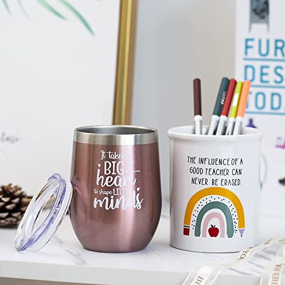 Hereman's Teacher Appreciation Gift Sets -Basket for Women, Back to School Gift, Christmas 12oz Wine Tumbler, Bookmarks, Ceramic Pen Holder, Pouch Bag, Rose Gold