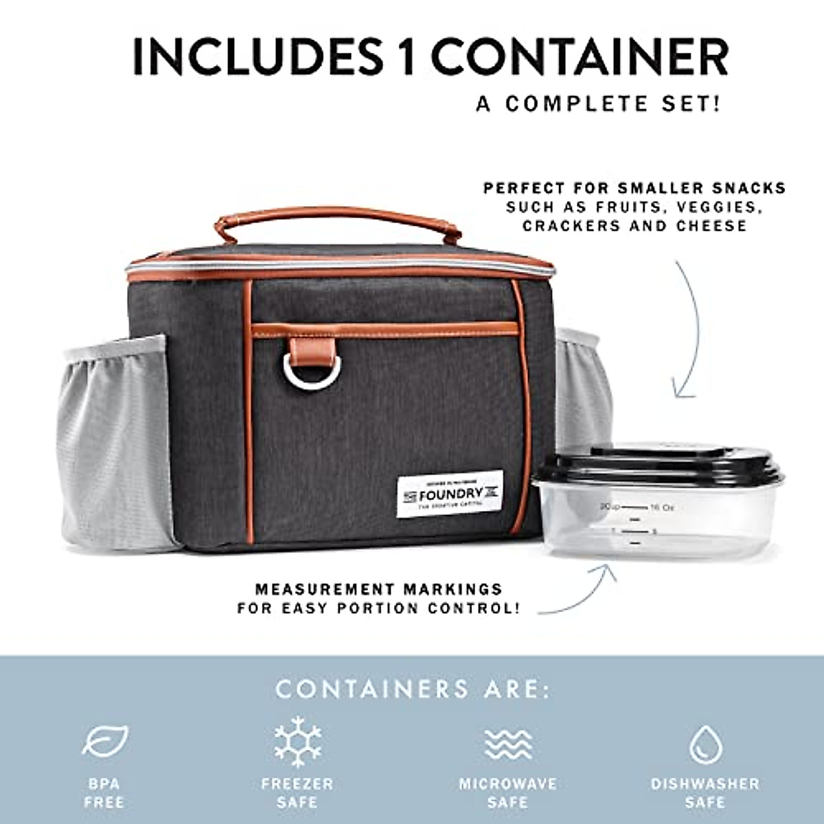 Foundry by Fit + Fresh, Promenade Insulated Lunch Bag for Men & Women, Includes a 2-Cup Meal Prep Container, Adult Lunch Box or Mini Cooler, Perfect for School, Work, Picnics & More, Black