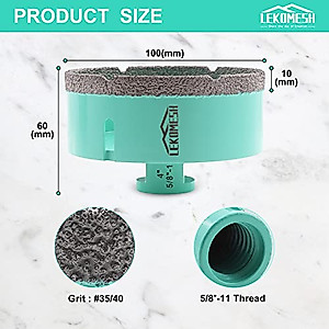 LEKOMESH Diamond Core Drill Bits - 4 Inch with 5/8"-11 Thread Tile Hole Saw Cutter Dry Drilling for Porcelain Ceramic Tile Granite Marble Stone Vacuum Brazed Diamond Drill Bit 100mm
