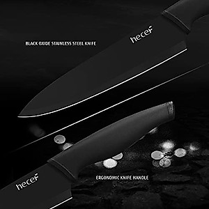 hecef Black Oxide Knife Set of 6 with Matching Blade Protective Sheath, Black Kitchen Knife Set, Scratch Resistant & Rust Proof, Hard Stainless Steel, Non Stick Black Color Coating Blade Knives