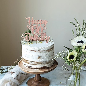 1 Pack Happy 60th Birthday Cake Topper Glitter Heart Star 60 Fabulous Cake Pick Birthday Sign Cake Decorations for Children 60th Birthday Theme Party Supplies Rose Gold