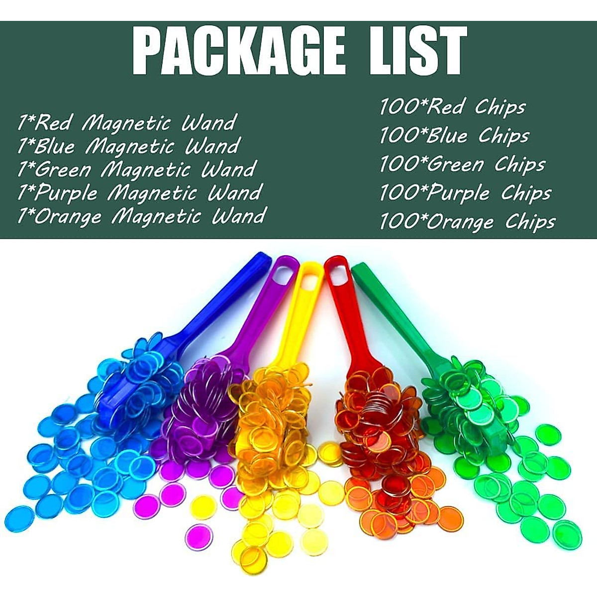 Dacefloy Magnetic Wands and Bingo Chips Game Tokens Educational STEM Kits for Learning, Sensory Bins, Science, Counting & Sorting 5-Pack & 500 Metal Chips