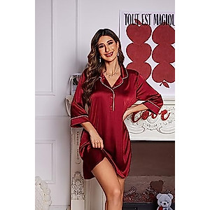Ekouaer Sexy V Neck Satin Nightgowns Silk 3/4 Sleeve Sleepshirt Button Down Boyfriend Nightshirt Bridesmaid Sleepwear Wine Red L