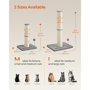 Feandrea Cat Scratching Post, 20.8-Inch Tall Cat Scratcher for Kittens, Small and Medium Cats, Sisal Scratch Pole, Spring Pompom with Built-in Bell, Dove Gray UPCA023G01
