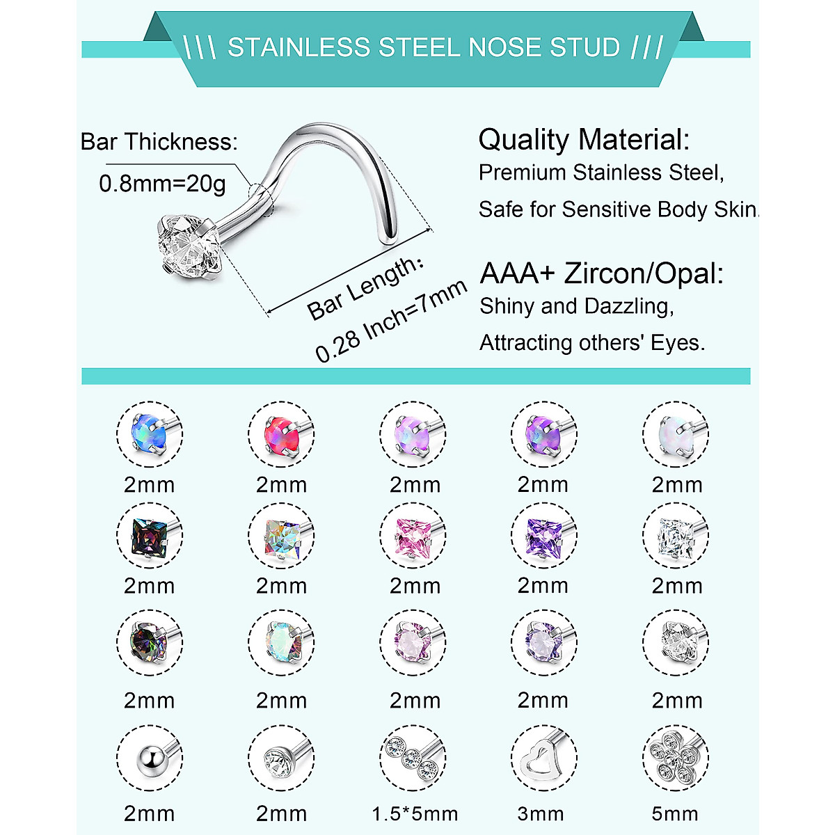 Besteel 20 Pcs Hypoallergenic 20G Nose Rings for Women Men Cubic Zirconia Stainless Steel Nose Studs Set Labret Lip Nostril Piercing Jewelry Multicolor 2mm Screw
