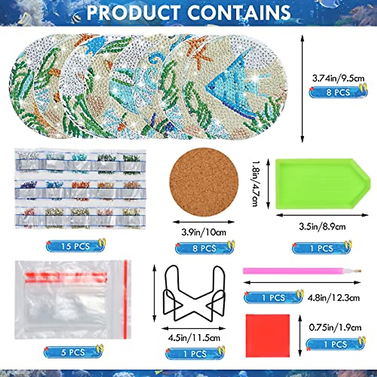 LSHUOYAN 8 Pcs Sea Creature Diamond Painting Coaster Set, DIY Acrylic Coaster with Stand, Diamond Painting Kits, Art Craft Supplies for Beginners, Adults and Children