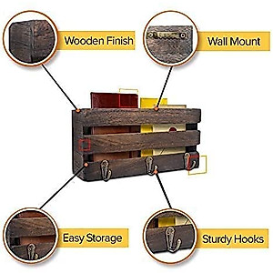 Rustic Mail Holder Wall Mount ~ Key and Mail Organizer for Wall Decorative with 3 Key Hooks ~ Key Hanger for Wall, Entryway, Bathroom, Living Room, Kitchen (Brown)