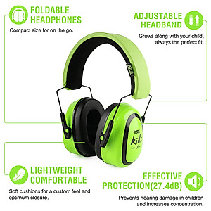 Kids/Toddler Ear Protection Safety Ear Muffs For Age 3-16 Noise Cancelling Headphones 27.4dB Kids Hearing Protection Earmuffs (Green)
