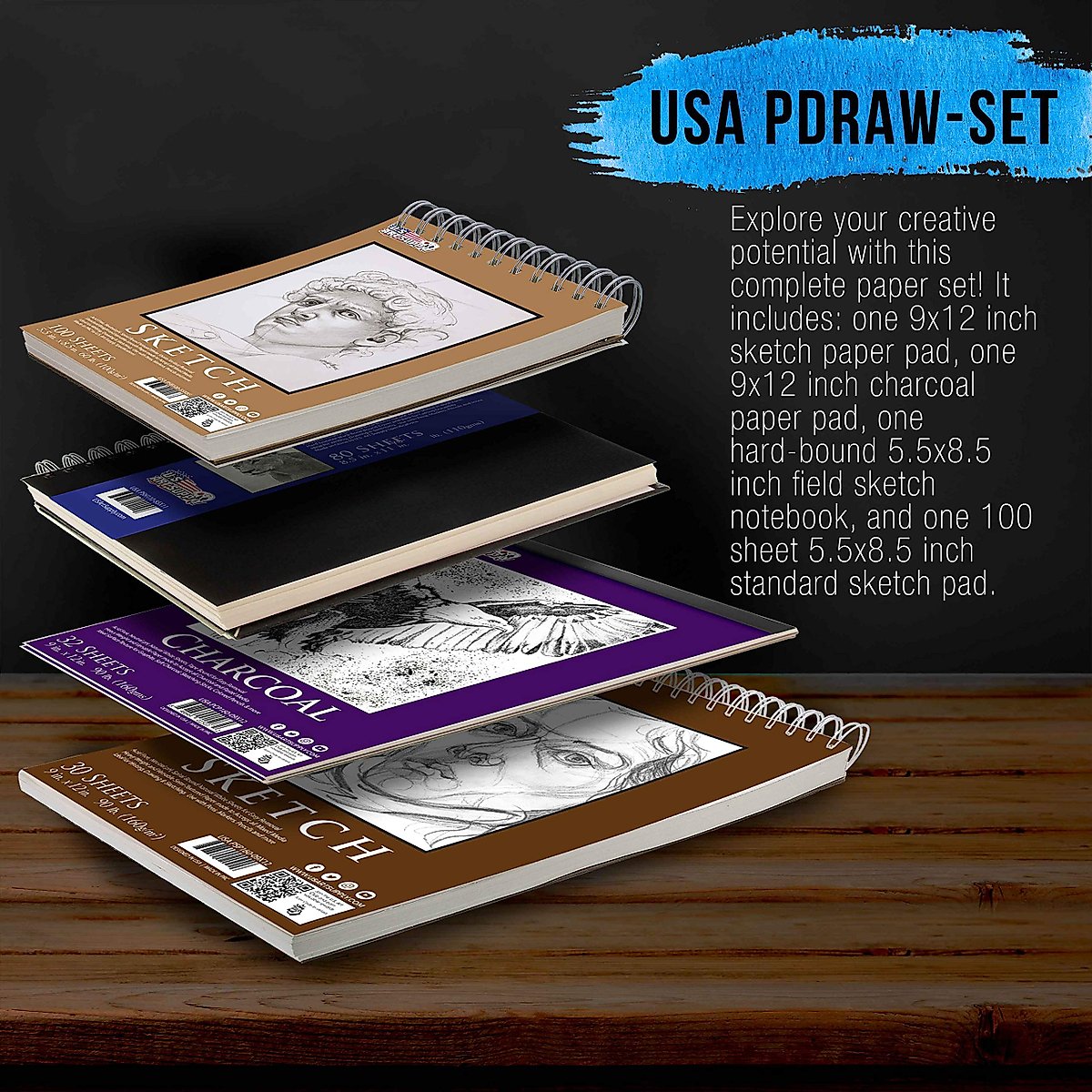 U.S. Art Supply Set of 4 Different Stylesof Sketching and Drawing Paper Pads (242 Sheets Total) - 2 Each 5.5" x 8.5" and 9" x 12" Premium Spiral Bound Sketch, Draw, Charcoal Pencil, Mixed Media Pads