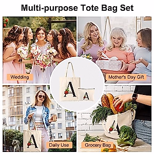 DERTE Initial Floral Tote Bag Personalized Letter Canvas Cosmetic Makeup Bag Monogrammed Gift Beach Bags for Women Bridesmaids Birthday Wedding Bridal Shower (Letter A)