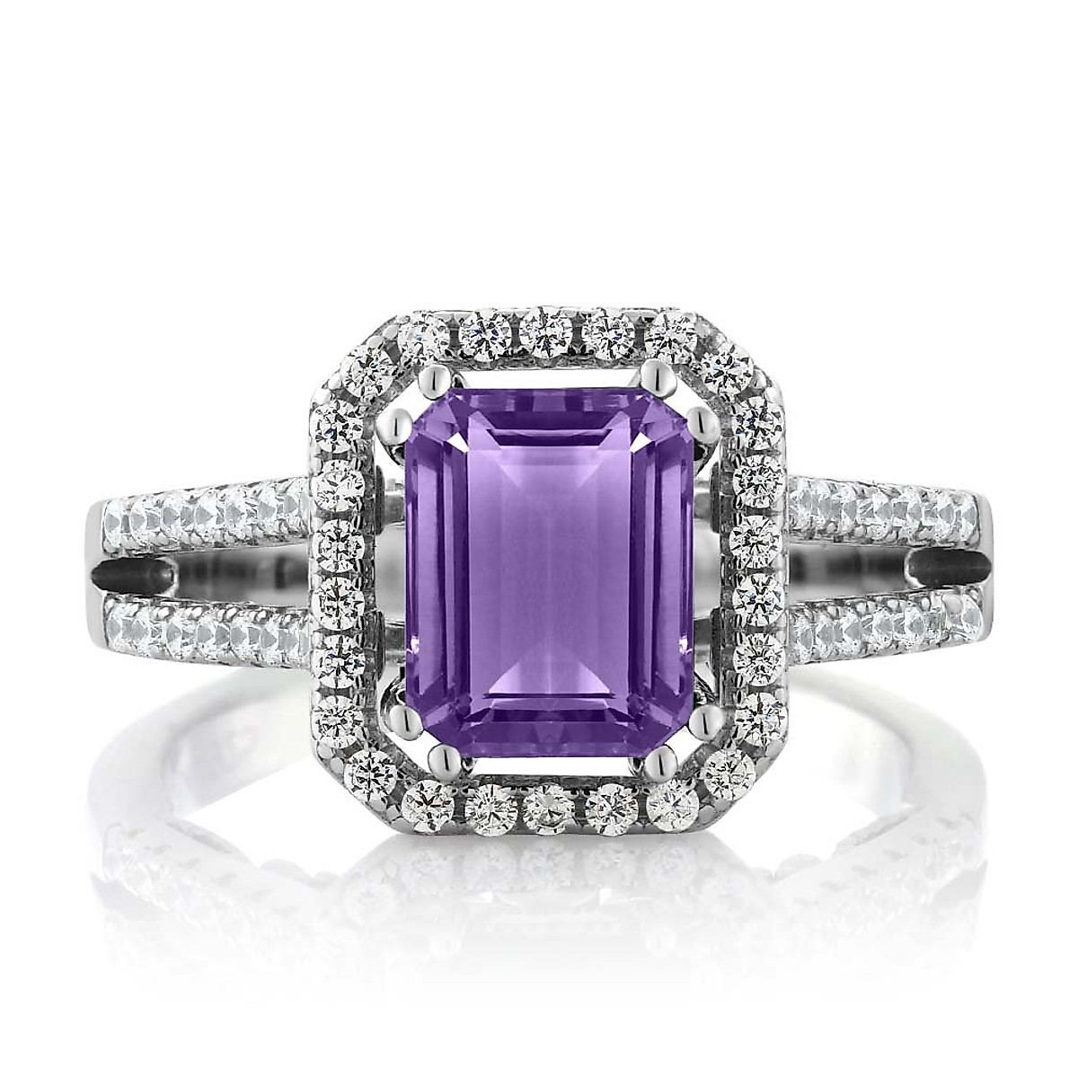 Gem Stone King 2.78 Cttw Purple Amethyst Engagement Ring For Women In 925 Sterling Silver | Emerald Cut 9X7MM | Gemstone Birthstone | Available In Size 5, 6, 7, 8, 9