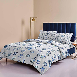 Cal KingDuvet Covers Set Coastal Beach Starfish Shells Seamless 4 Pcs Bedding Sets Brushed Microfiber Quilt Covers Lightweight Cozy Flat Sheet with 2 Pillowcases Nautical Conch Blue Gradient