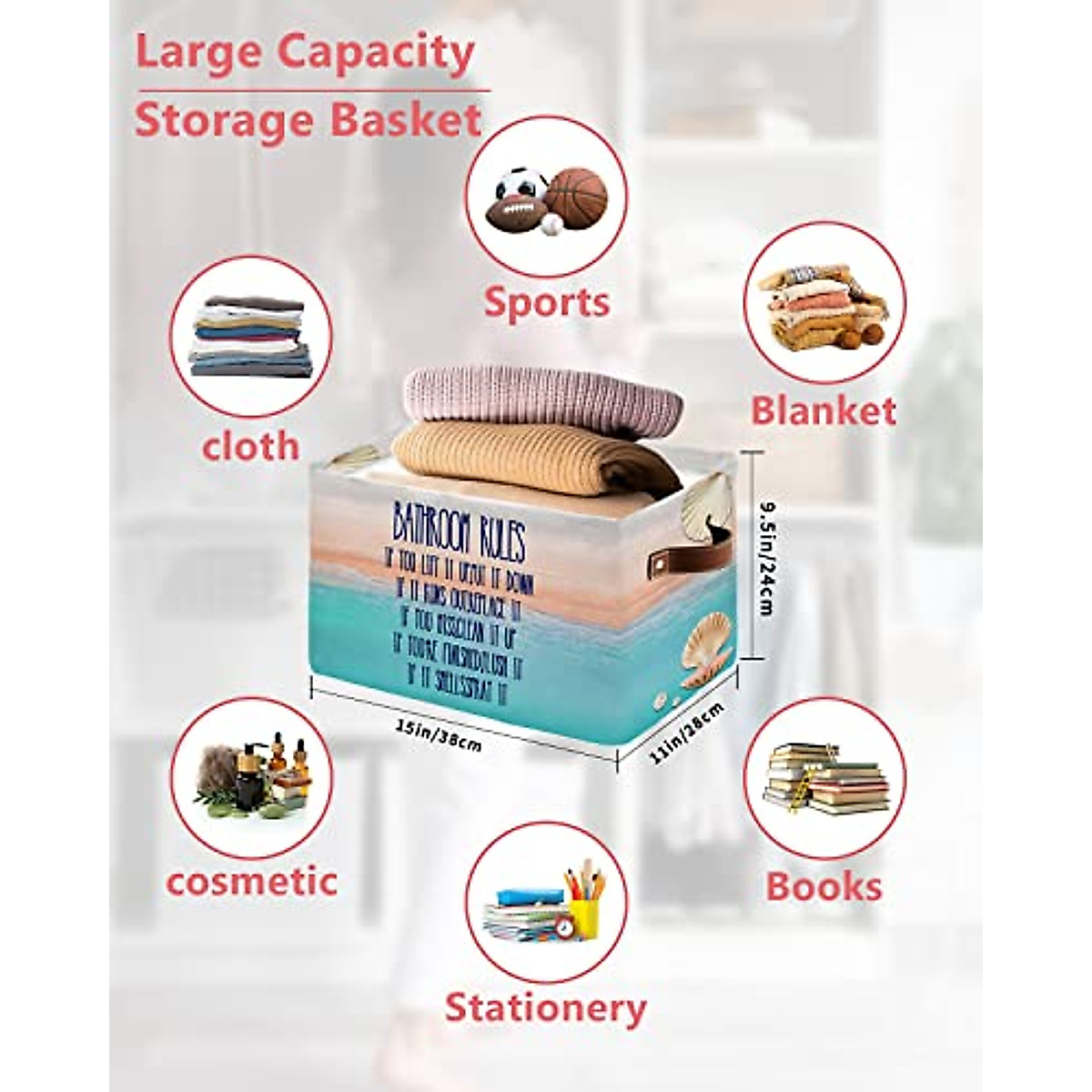 Storage Basket,Summer Ocean Quotes with Starfish Collapsible Storage Bin with Handles Waterproof Foldable Cube Bins Chic Wooden Board Large Organizer Baskets for Shelves Closet Nursery