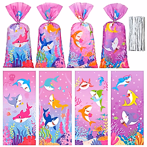 Hotop 100 Pcs Cute Baby Pink Shark Cellophane Bags Pink Shark Gift Treat Bags Plastic Goodie Candy Bags with 150 Ties Shark about 27.5 X 12.5 cm