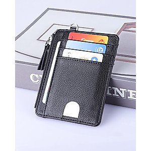 Teskyer Slim Minimalist Wallet, RFID Blocking Credit Card Holder Leather Wallet with Zipper Pocket for Men Women - Lichee Black