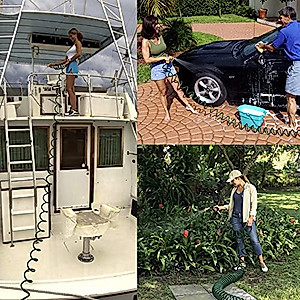 FUNJEE Heavy-Duty EVA Coil Hose Recoil Garden Water Hose with 8-Pattern Spray Nozzle, 3/4" GHT Brass Fittings, Corrosion Resistant, Retractable Garden Hose, Boat Hose (25FT, Green)