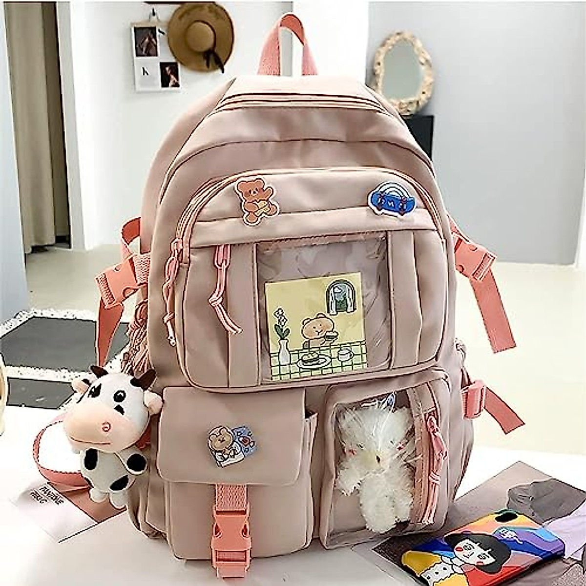 ChenLee Kawaii Backpack Rucksack Aesthetic Student Bookbags with Kawaii Pin and Pendants Accessories for Teen Girls