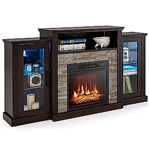 Tangkula Electric Fireplace TV Stand, Electric Fireplace Mantel with 16-Color Led Lights, Adjustable Glass Shelves, Remote & Smart APP Control, TV Console for Living Room (Black)
