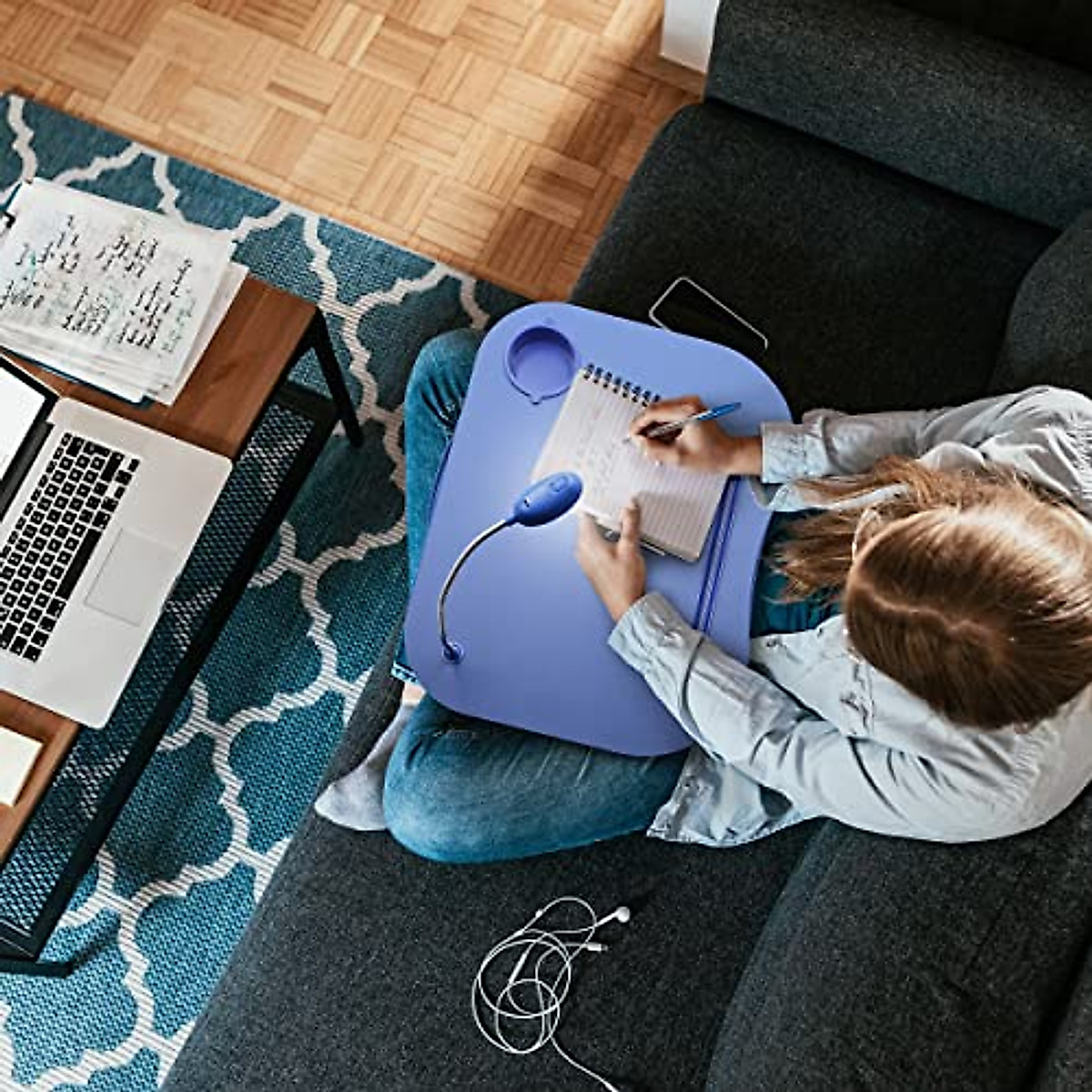 Laptop Lap Desk - Portable Table with Foam-Filled Fleece Cushion, LED Light, and Cup Holder - Bed Desk for Homework or Reading by Lavish Home (Blue)