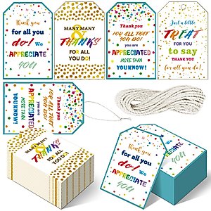192 Pcs Thank You Gift Tags Paper Gift Tags with String Thank You Tags Party Favors Employee Appreciate Coming Tags Wrapping for Employee Christmas Birthday Party Gifts Tag Favors, 4 Styles