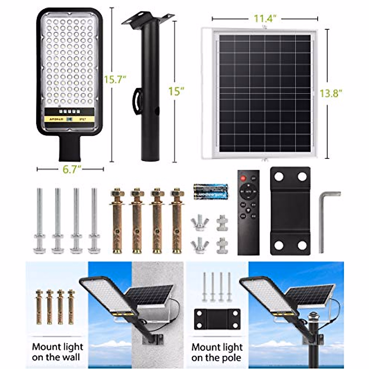 APONUO Solar Street Lights 2 Packs,100W Solar Street Light Outdoor Dusk to Dawn Lamp 98 LEDs 7000K Motion Sensor Light with Remote Control Pole Security Led Flood Light for Yard, Patio