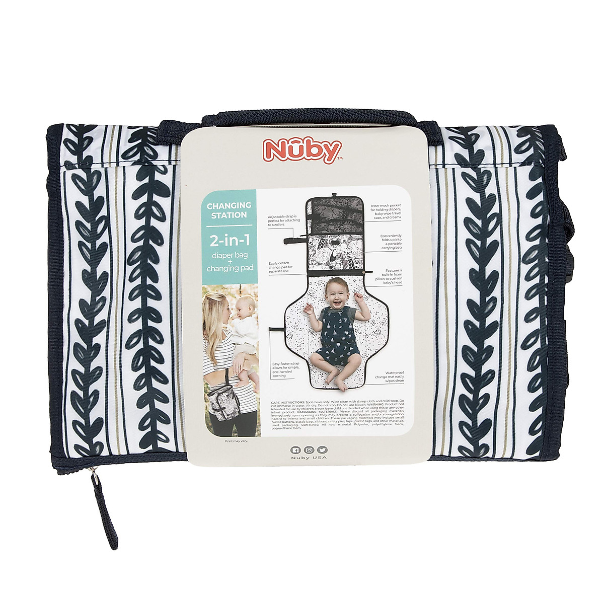 Nuby Portable Baby Changing Pad Station, Quick Wipe Clean Changing Mat with Built-in Pillow, Stripes Print