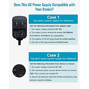 12V 1A 5ft Power Supply Adapter,100-240V 50/60Hz AC to DC 12V 1000mA 12W 5.5mm*2.1mm Universal Wall Charger with DC Connectors 5.5 * 2.5mm/3.5 * 1.35mm/4.0 * 1.7mm, Center Positive, UL FCC VI