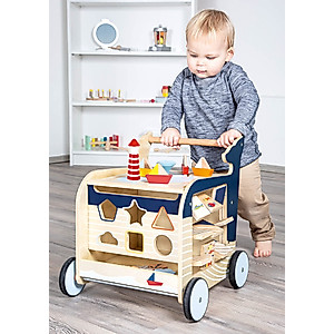 Wooden Whale Baby Walker by Small Foot – Classic 5-in-1 Activity Center - Interactive Toy with Shape Sorter, Puzzle Maze, Compass, Chalkboard - Develops Kids Coordination, Motor Skills –Age 12+ months