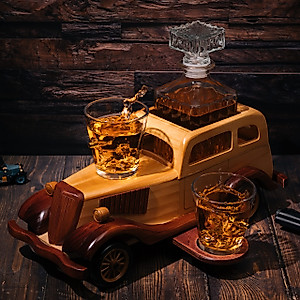 Bonnie & Clyde Car Decanter Set, Wine & Whiskey Decanter Set 15" L with 2 Bullet Shot Glasses, Set of 6 Whiskey Chillers Stainless Steel Bullet Shaped Ice Cubes Vintage Car Decanter Bar Gift