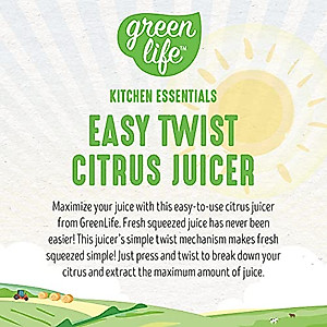 GreenLife Cooking Tools and Utensils, Lemon and Lime Juicer Citrus Squeezer with built in strainer, Easy Read Measurements, Pouring Spout, Dishwasher Safe, Green and Yellow