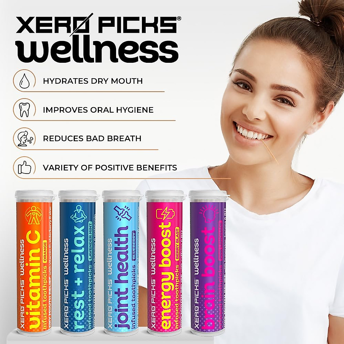 Xero Picks Wellness - Flavored Toothpicks -100 Picks-Variety 5 Pack-Curcumin, Glucosamine, Huperzine, Bacopa, B12, Elderberry, Vitamin C, Zinc, B6, Melatonin, Theanine