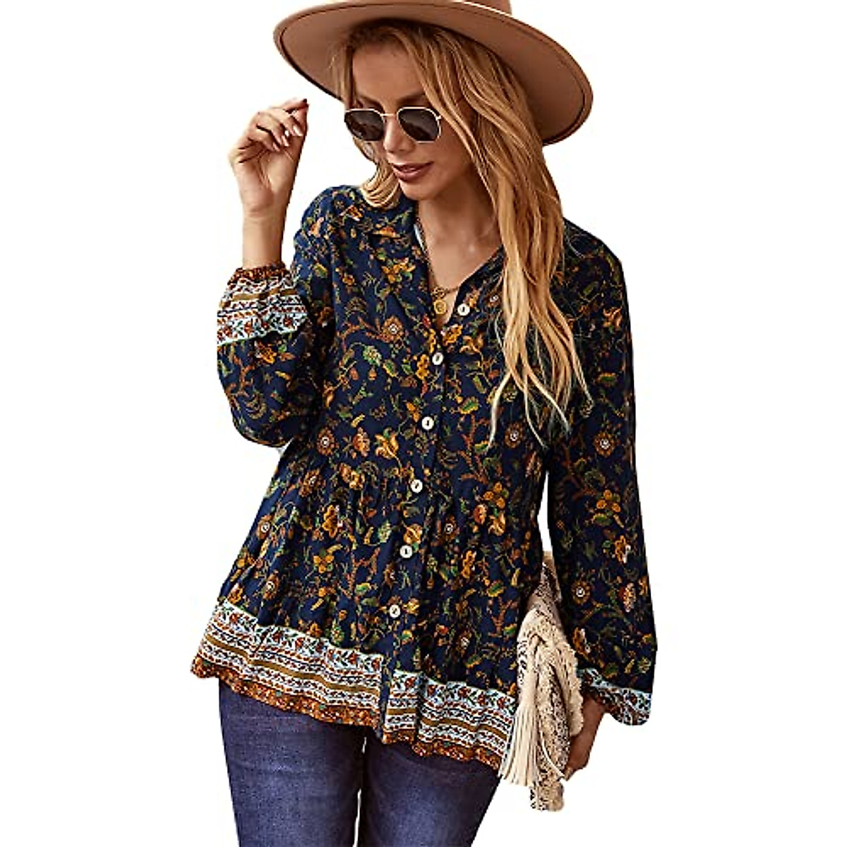 KAYWIDE Women's Casual Boho V Neck Top Loose Floral Printed Long Sleeve Beach Shirts Blouses (036-Blue, Large)