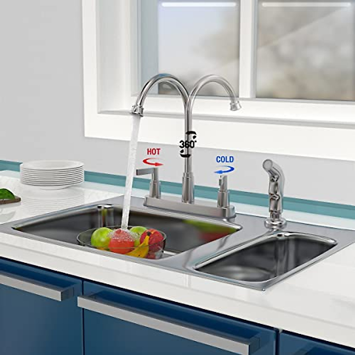 GOWIN Brushed Nickel Kitchen Faucet with Side Sprayer,2 Handle Kitchen Sink Faucet，Kitchen Faucets for Sink 3 Hole or 4 Hole,High Arc Stainless Steel 8 Inch Centerset Kitchen Faucet