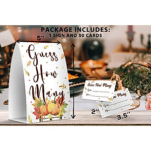 Guess How Many - Candy Guessing Game, Thanksgiving Party Games, 1 Sign and 50 Game Cards, Maple Leaf, Pumpkin, Baby Shower Games, Birthday Party -GH007