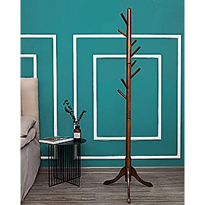 TinyTimes Wooden Coat Rack Free Standing, Sturdy Rustic Hall Tree Coat Tree Coat Hanger with 8 Hooks, for Coat, Hat, Clothes, Scarves, Handbags, Umbrella (Dark Brown)