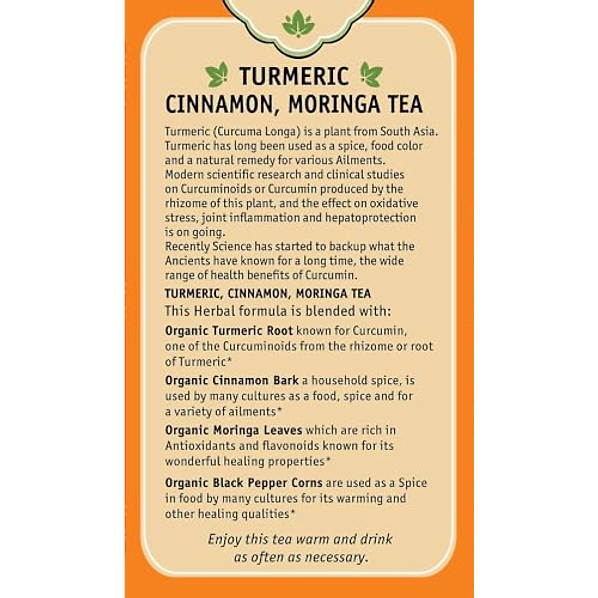 Herbal Cup Ayurveda Turmeric Tea, Organic Cinnamon Moringa, No Caffeine Herbal Supplement (16 Count, Pack of 1)