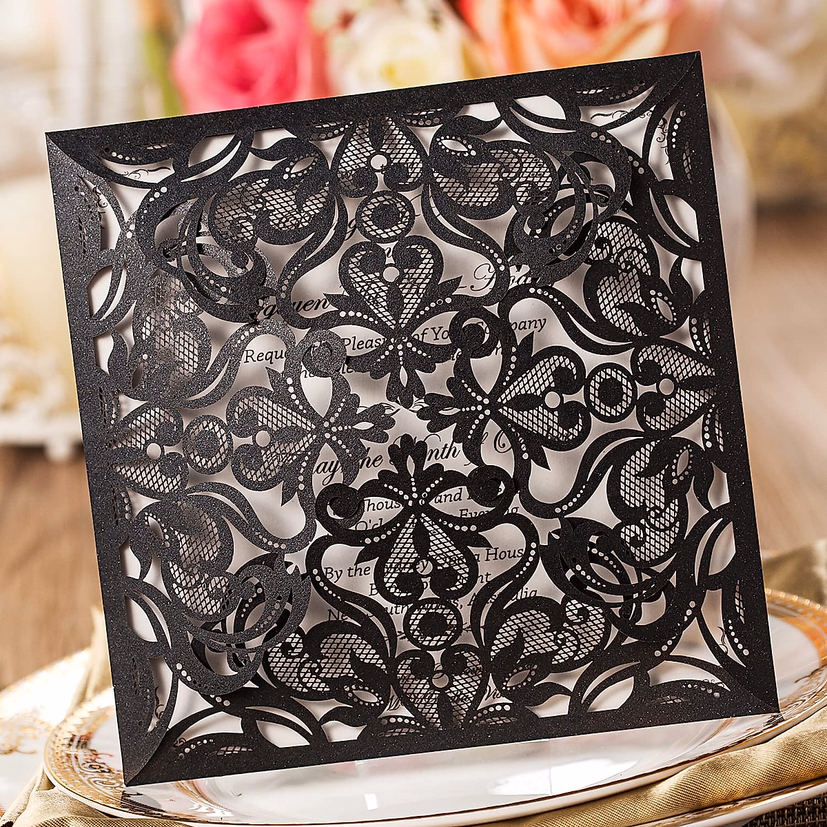 Hosmsua 6.3 x 6.3 Inch 50PCS Black Laser Cut Hollow Lace Rose Invitation Cards with Envelopes Wedding Invitations for Engagement Wedding Invite (Black, 50PCS Blank)