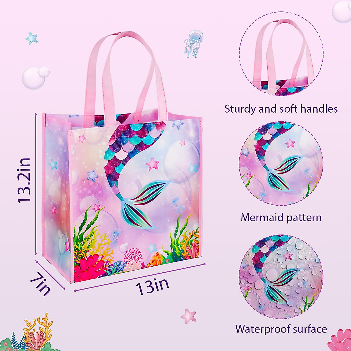 BLEWINDZ Large Gift Bags with Tissues – 3Pcs Mermaid Girls Kids Tote Reusable Gift Bags with Handles for Birthday Party Favors, Baby Showers, Shoppings (13" x 7" x 13.2")