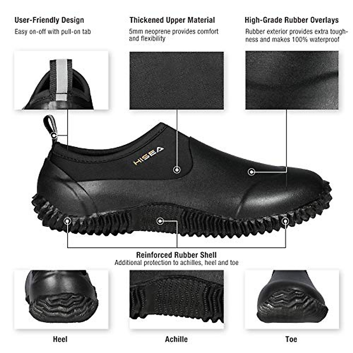 HISEA Unisex Waterproof Garden Shoes, Men's Ankle Rain Boots Women's Slip-On Footwear Rubber Neoprene Camp Booties Outdoor Rain Shoe for Gardening, Farming, Camping, Car Wash, Lawn Care and Yard Work, Size M11.5/W13 Black