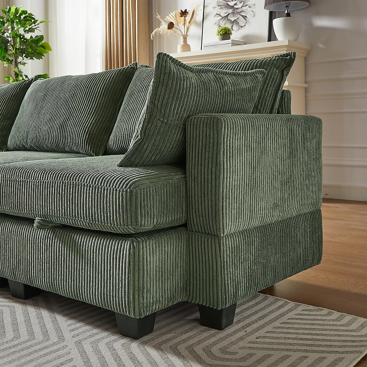 Antetek Modular Sectional Sofa Couches for Living Room, U Shaped Sleeper Sofa Bed with Storage Ottoman, Modern 6-seat Corduroy Convertible Couch with Chaise for Bedroom, Green