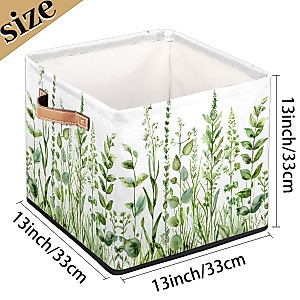 Tablerazzi Sage Green Leaves Cube Storage Bin, 13 Inch Collapsible Fabric Storage Cube Bin, Spring Eucalyptus Foldable Cube Baskets for Shelf, Closet, Organizer