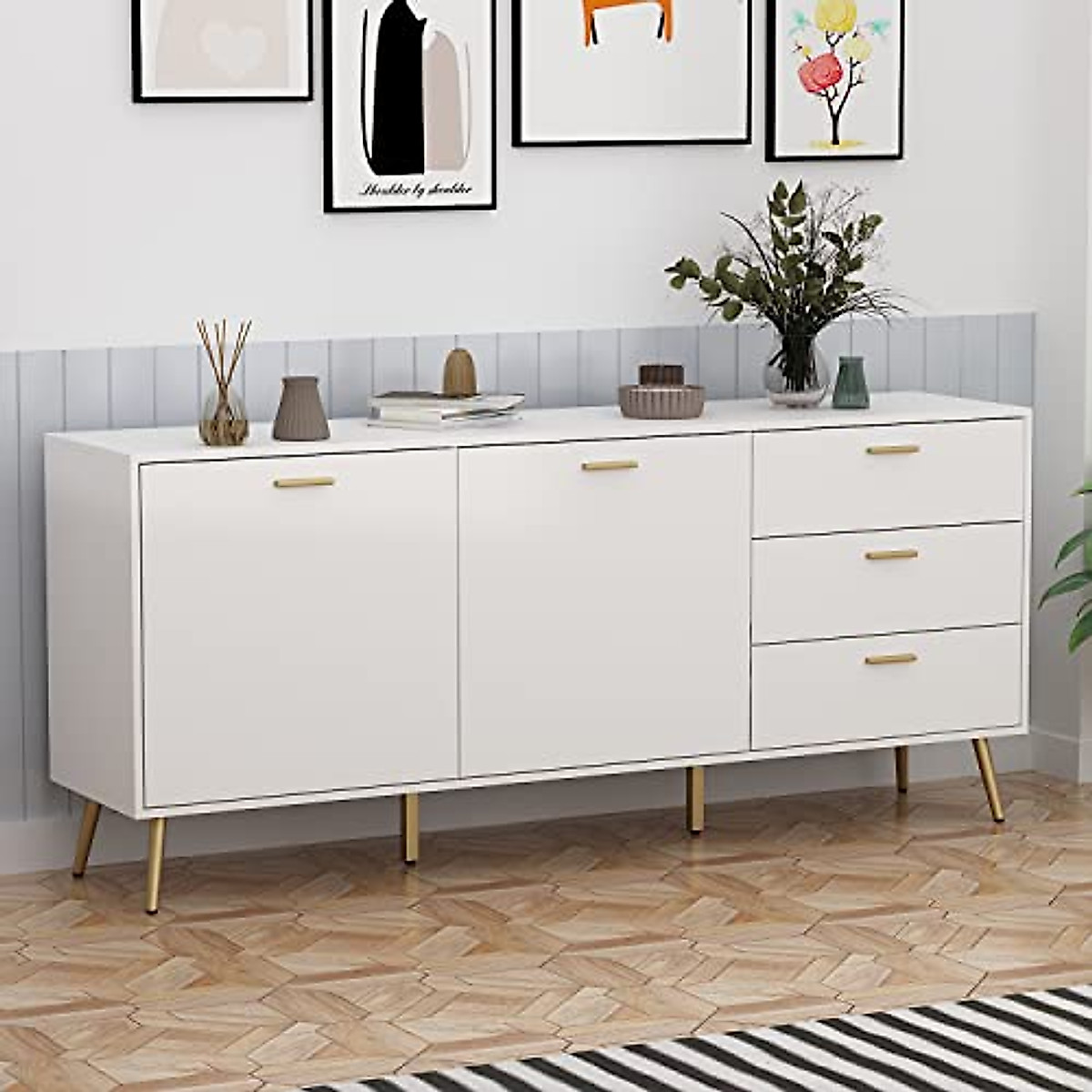 Homsee Sideboard Cabinet with 3 Drawers & 2 Doors, Modern Kitchen Buffet Storage Console Cabinet with Metal Legs for Living Room, Dining Room & Entryway, White (69”L x 15.6”W x 30”H)