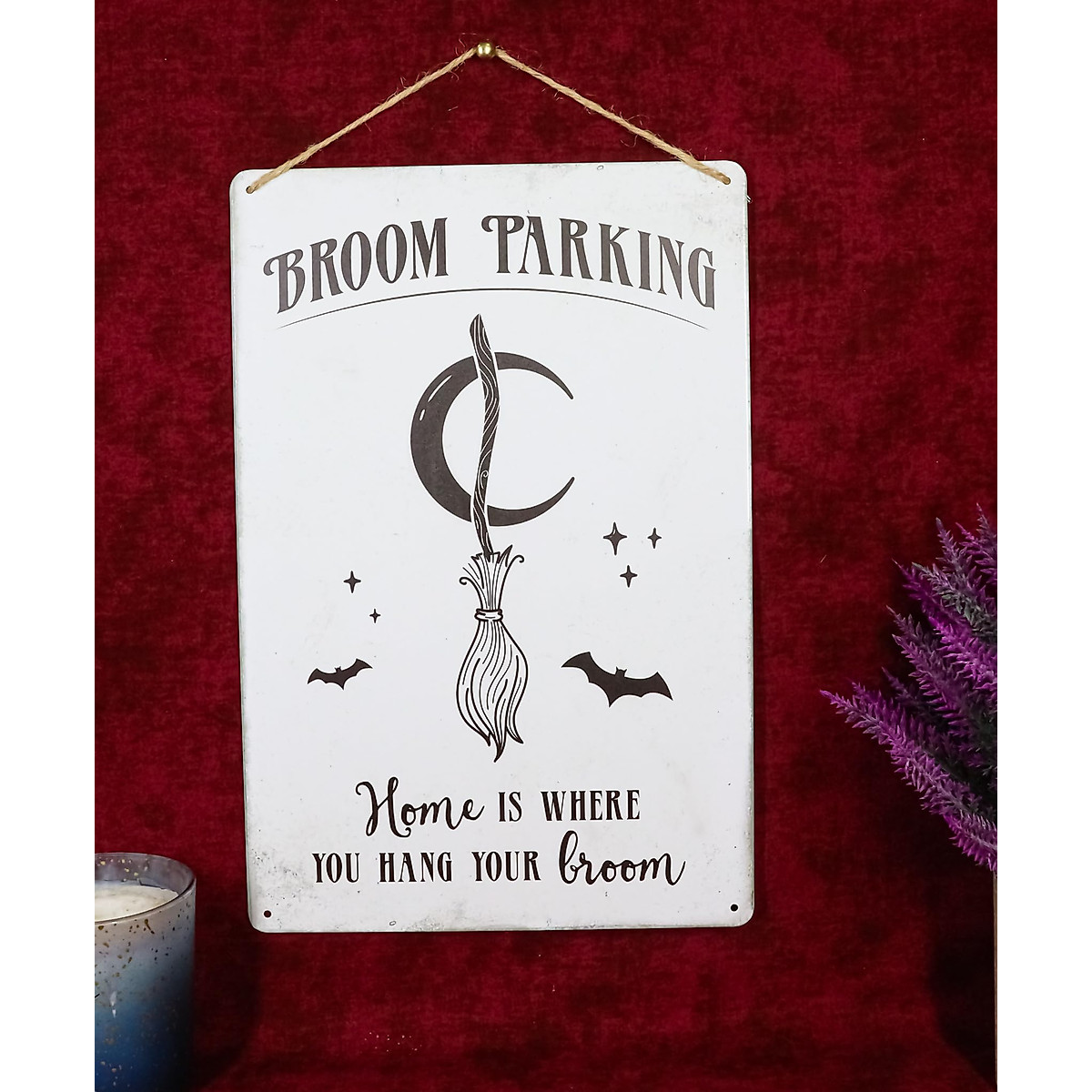 Ebros Gift Halloween Witchcraft Wicca Occult Witch Broom Parking Home Is Where You Hang Your Broom Bats Stars And Crescent Moon Wall Hanging Sign Plaque Kitchen Home Decorative Signs