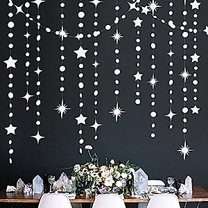 White Party Decorations Star Circle Dot Paper Garland Banner Bunting Streamer Glitter Hanging Twinkle Star Decoration for Kids Birthday Baby Bridal Shower Wedding Anniversary Engagement Decor