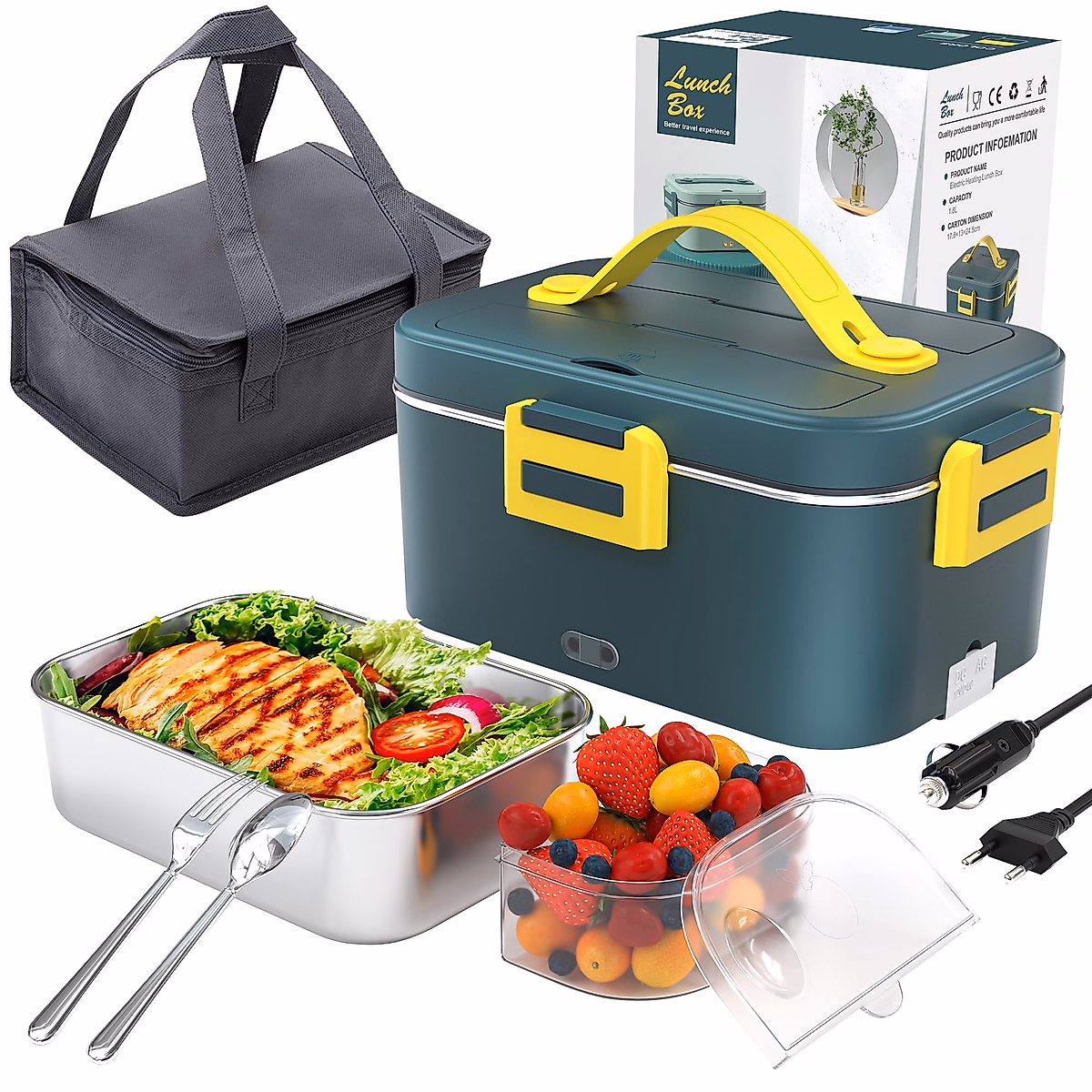 Adocfan Electric Lunch Box 75W 1.8L Food Warmer Heater 12V 24V 110V Faster Heated Lunch Box for Car/Truck/Home Portable Heating Boxes with 304 SS Container Fork & Spoon (Dark green)