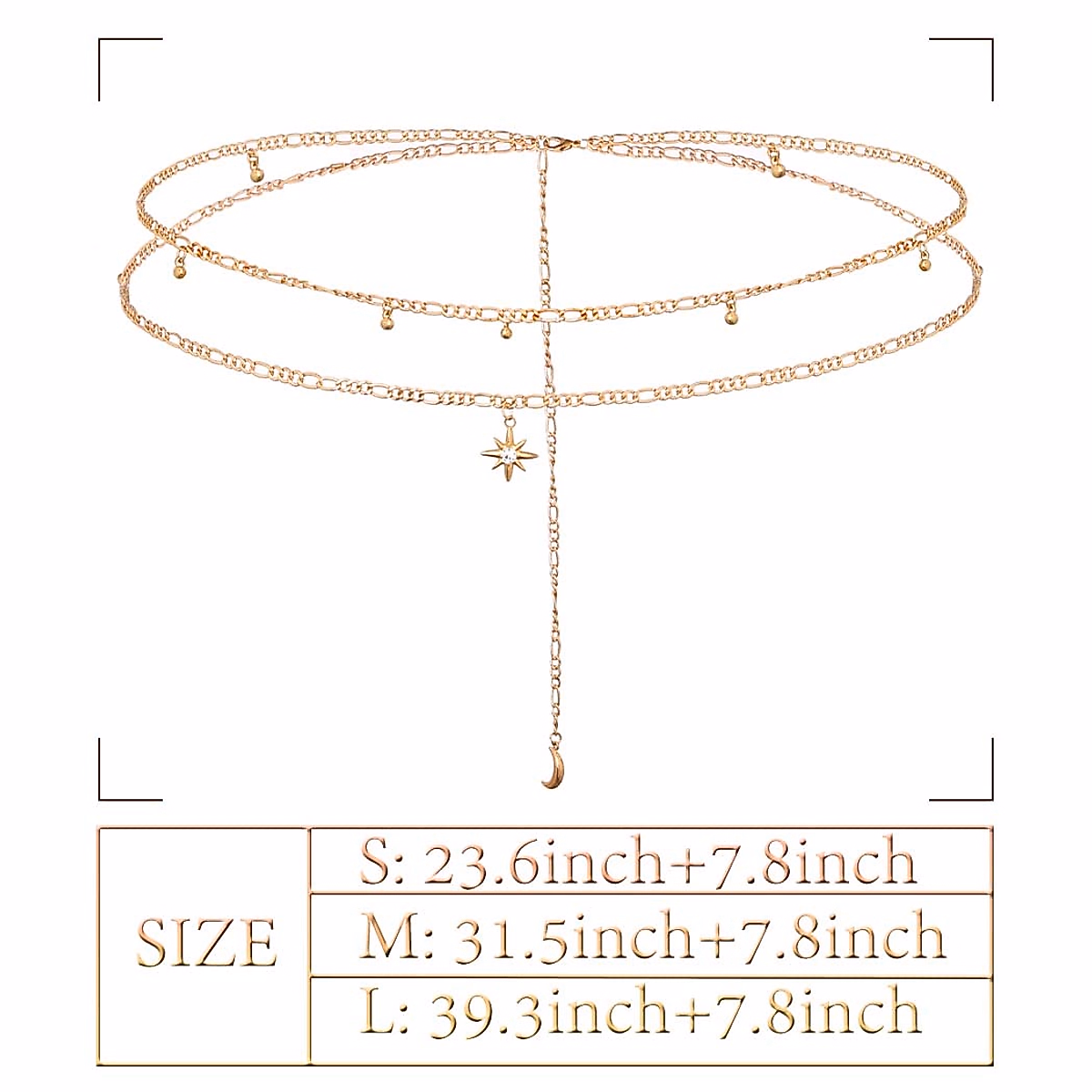 ELABEST Layered Bead Belly Chain Gold Star Waist Chains Rhinestone Body Chain Jewelry Accessories for Women and Girls (31.5+7.8inch)